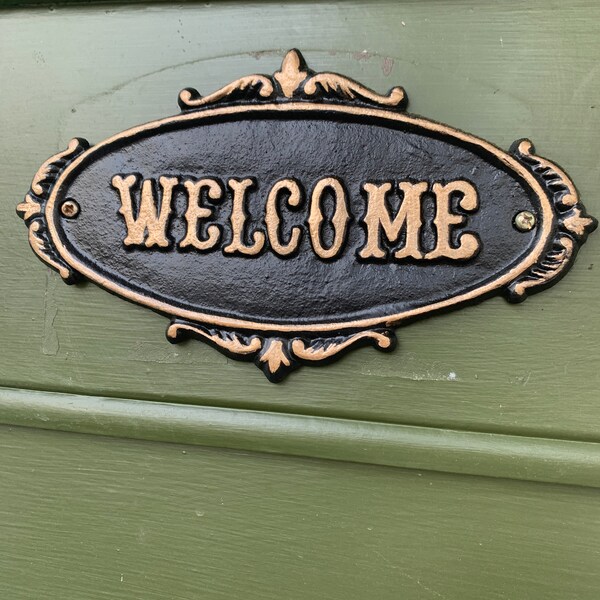 Jet Black WELCOME Sign Plaque-rustic Cast Iron - Old Fashioned-front ...
