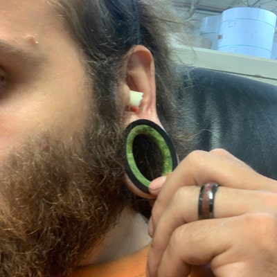 Oval Ear Tunnels With Green Wood Inserted, Black and Green Ellipse Ear ...