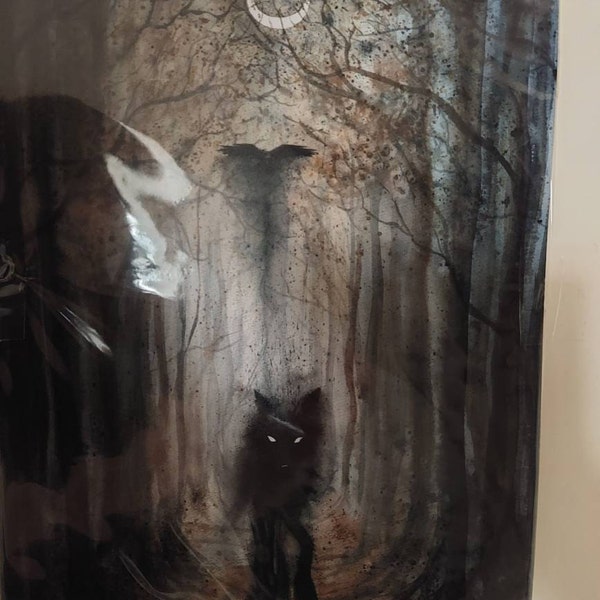 Black Raven & Golden Moon Phases - Art Print, Flying Raven Watercolor ...