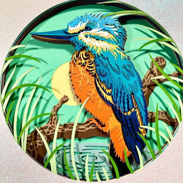 Kingfisher Bird Shadow Box 3D SVG Sitting on Branch, Nature Wildlife ...