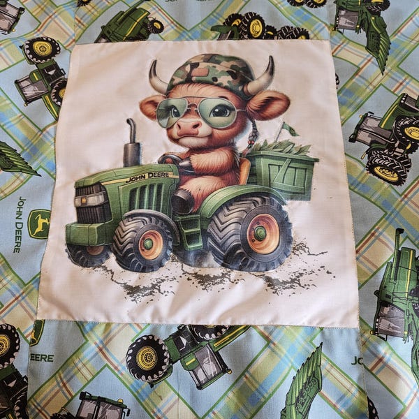 Cow John Deere Tractor- Fabric Panel Square ~4"x4",5x5, 6x6, 8x8,10x10 ...