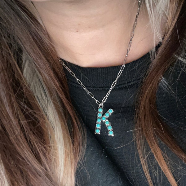 INITIAL NECKLACE | Turquoise Stone Initial Necklace | Stone Pendant ...