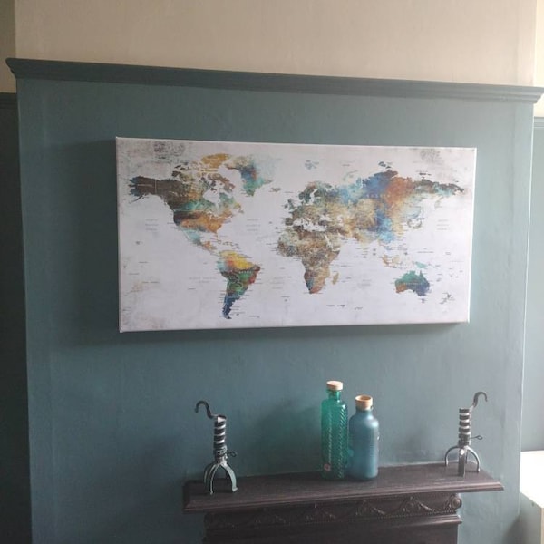 Hanging World Map Canvas, Rustic Frame Home Decor, World Map Wall Art ...