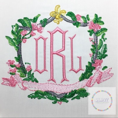 Floral Watercolor Shield Monogram Frame Embroidery Design - Etsy