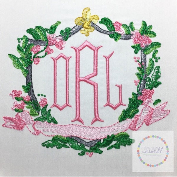 Floral Watercolor Shield Monogram Frame Embroidery Design - Etsy