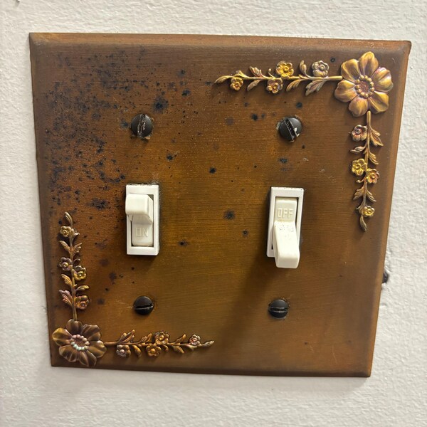 Rustic Light Switch Plate Cover W/ Fire Treated Brass Charms, Rusted ...