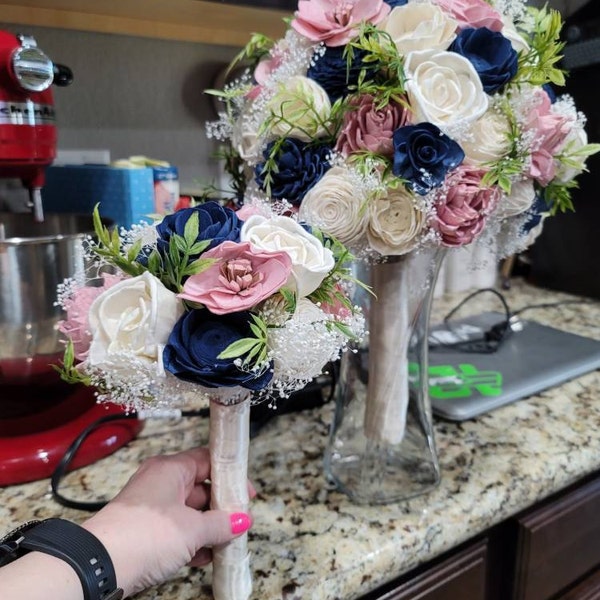 Navy and Dusty Pink Bouquet, Dusty Rose Wedding Flowers, Dark Blue and ...