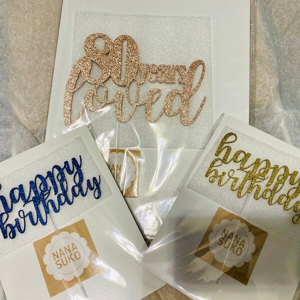 Happy Birthday Cake Topper, Cursive Lettering, Gold Glitter Party ...