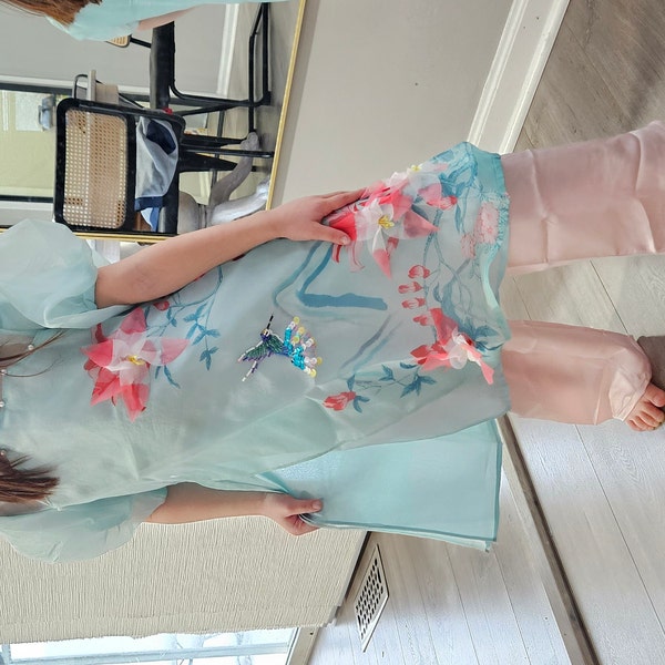 Mom and Daughter Cyan Pearls Ao Dai Set Pre-made Traditional Vietnamese ...
