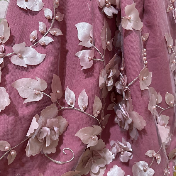 Dusty Rose Orquidia 3D Floral Embroidered Mesh Lace Fabric With Pearls ...