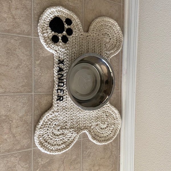 Ivory Beige Dog Mat With Paw Print, Personalized Dog Bone Food Water ...
