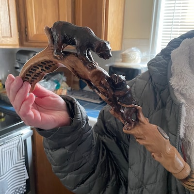 Bear Cane Wooden Walking Stick Grizzly & Salmon Dark Wood - Etsy