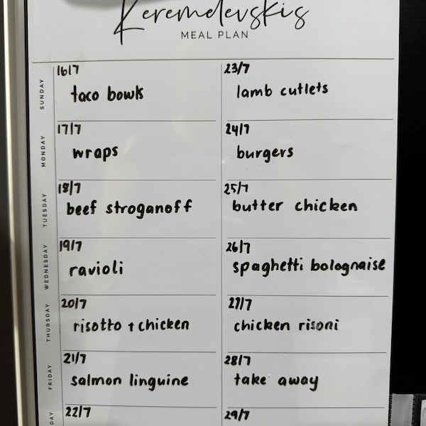 Weekly MEAL Magnetic Fridge Acrylic Planner A3 - WHITE UV Print - Clear Acrylic Whiteboard Meal ...