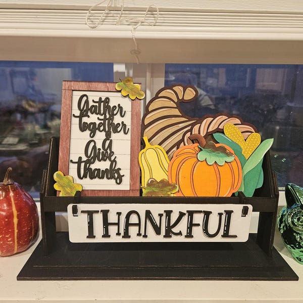 Thanksgiving Decor | Give Thanks Insert Set | Pilgrim and Turkey Tiered ...