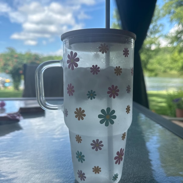 Flower Glass Cup, Large Glass With Handle, Trendy Cup With Lid and ...