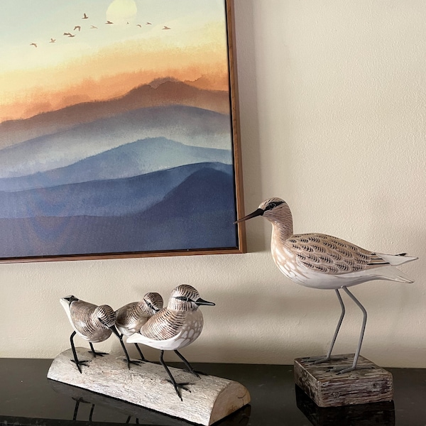 Hand Carved Wooden Sandpipers on Log: Coastal Bird Decor - Etsy