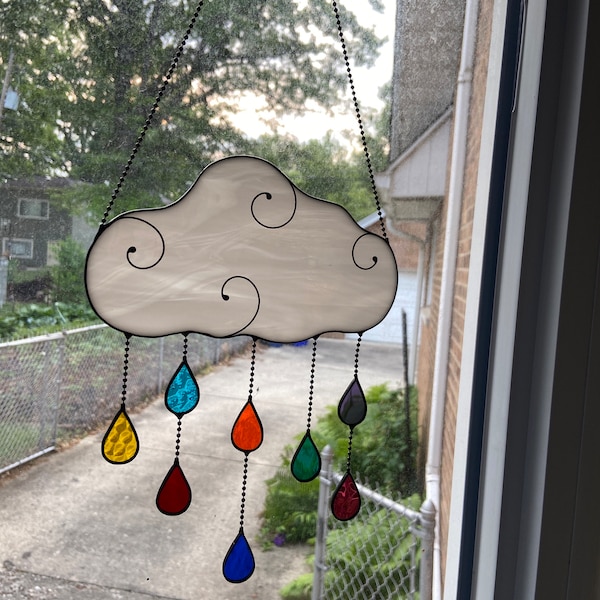 Stained Glass Rain Cloud Suncatcher With Rainbow Colored Raindrops ...