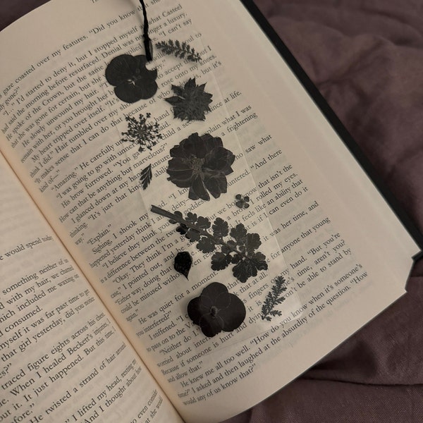Laminated Black Pressed Flower Bookmark With Tassel Spooky Reader Art ...