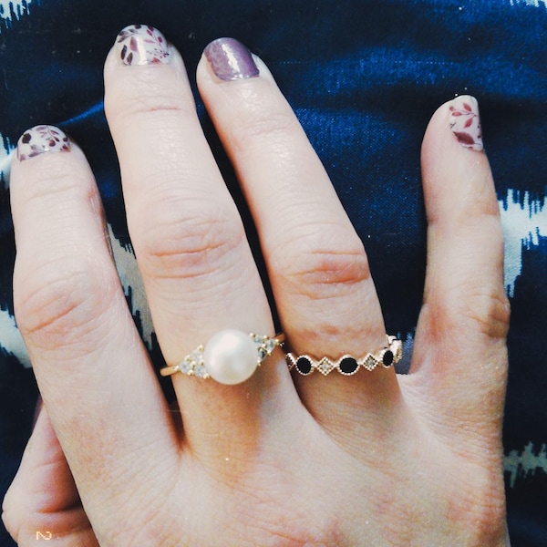 14k Gold Freshwater Diamond Pearl Ring, Real Pearl Ring for Women ...