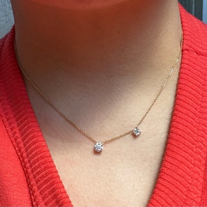 14K Gold Diamond Necklace, 2 Stone Diamond Necklace, Real Diamond ...