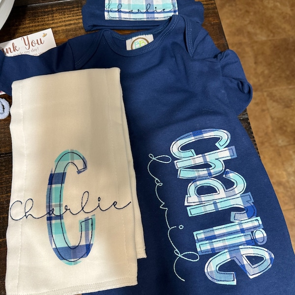 Personalized Embroidered Baby Boy Gown, Hat, and Burp Cloth Set ...