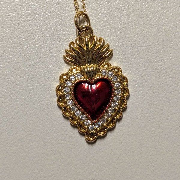 Gold Red Sacred Heart Charms,18k Gold Filled Flame Sacred Heart Pendant ...