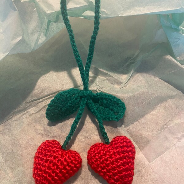 Heart Cherry Crochet Hanging Car Accessories, Red Heart Cherry Handmade ...