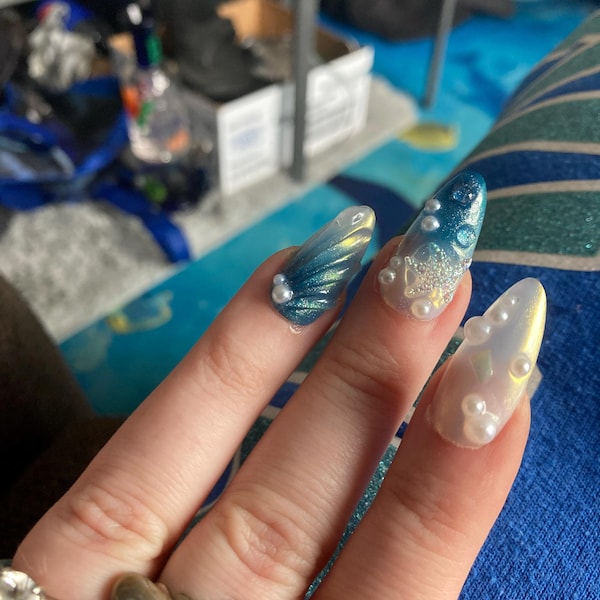 Ocean Theme Press on Nails | Custom 3D Shell Nails | 3D Pearl Ocean ...