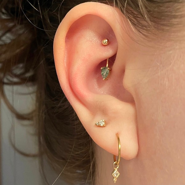 14K Solid Gold Moss Agate Teardrop Rook Earring Oval Shape Rook Earring ...