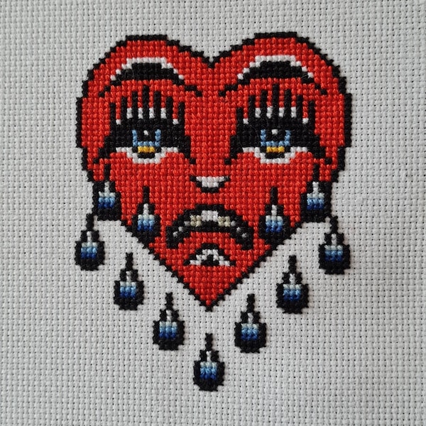 Crying Heart Cross Stitch Pattern PDF, Flash Tattoo Counted Cross ...