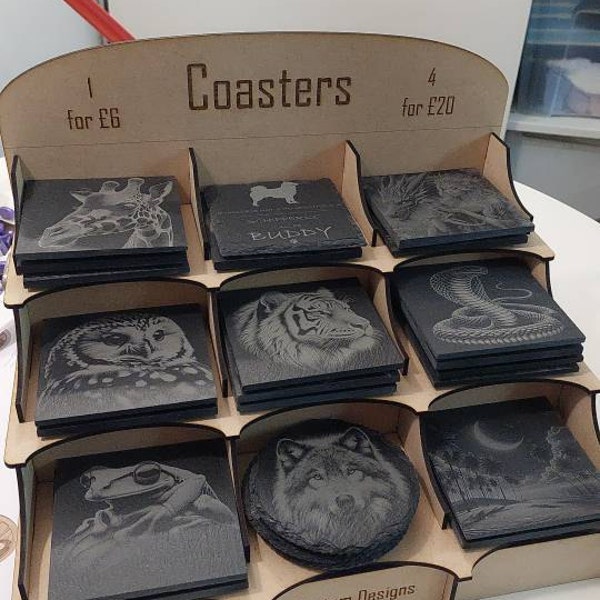 9 Pocket Retail Coaster Counter Display Stand, 4x4 Inch Pockets - Laser ...