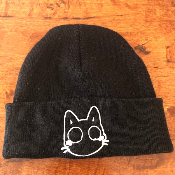 Glow in the Dark Crying Cat Beanie, Embroidered Black Unisex Adult Beanie, Cuffed Knit Beanies ...