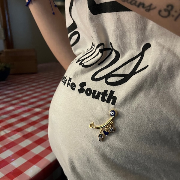 14x35mm 24k Shiny Gold Plated Evil Eye Safety Pin With Loops, Blue Evil ...