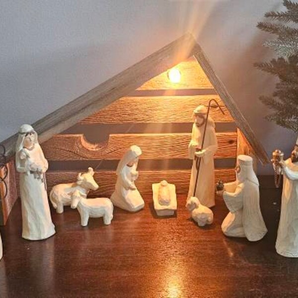Nativity Stable Manger Rustic Lighted Handmade Wooden Crèche Reclaimed Cedar FAST FREE SHIPPING ...
