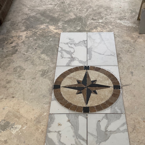 Porcelain Tile Mosaic Medallion Mariners Compass Rose With NSEW Mocha ...