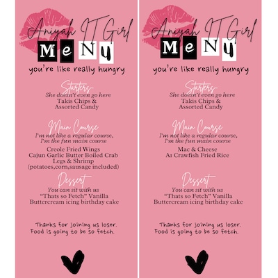 Girl's Night Printable Menu Mean Girls Menu Valentine's Party Menu ...