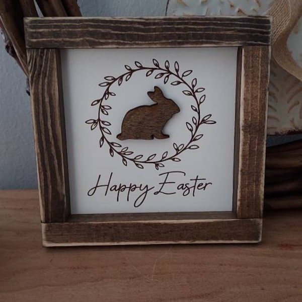 Happy Easter Farmhouse Style Neutral Bunny Sign - 3D Wooden Rabbit ...
