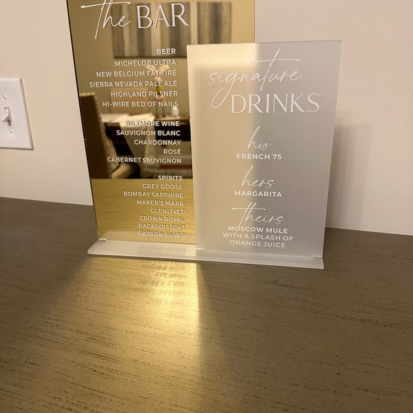Gold Mirror Frosted Acrylic Wedding Bar Menu Wedding Bar Sign Signature ...
