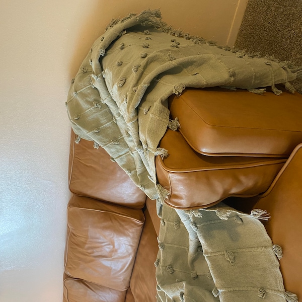 KENDALL || Sage Green Loops Hand Loom Chunky Woven Sofa Throw Blankets ...