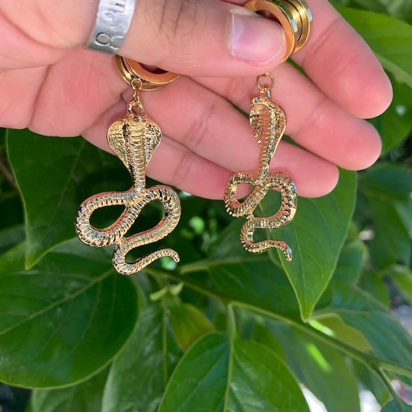 Cobra Spirit Dangles Gold Steel Ear Plugs Gauges Tunnels Snake Animal ...