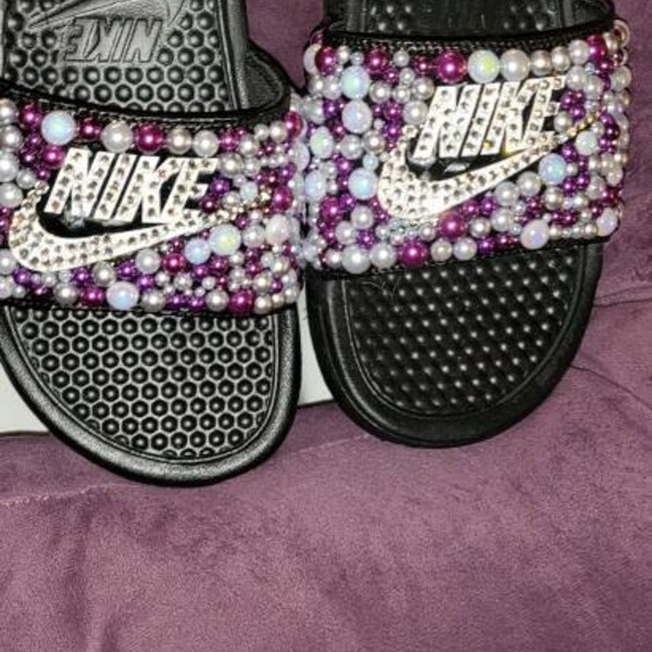 Rhinestone Bling Nike Slides for Women | Nike Slides Customized | White ...