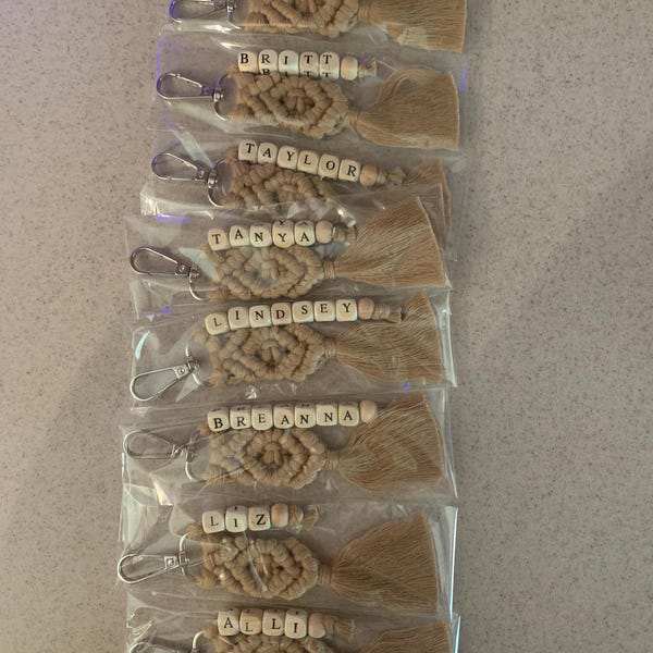 Macrame Name Keychain for Bridesmaid With Card and Flower, Custom ...