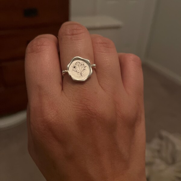 Birth Flower Signet Ring Personalized Signet Ring Custom Birth Month ...