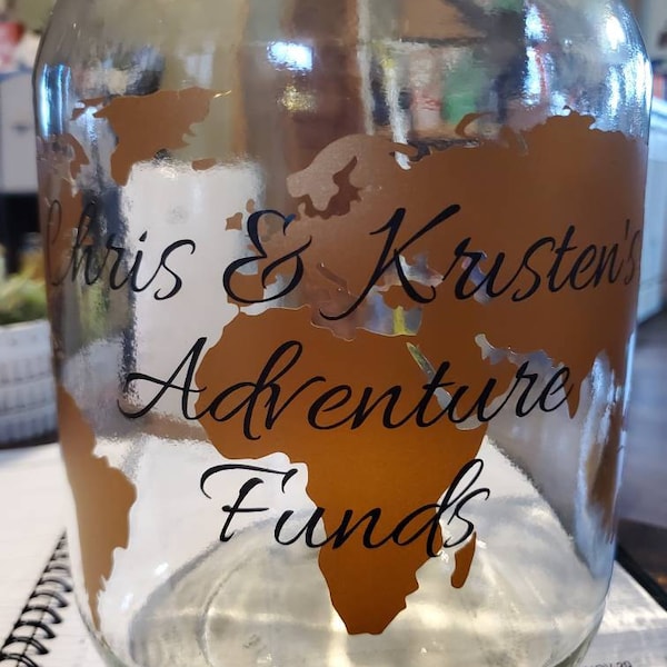 Our Adventure Fund ~ World Map Money Jar Travel Fund - 1 Gallon Glass ...