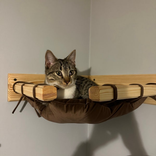 Corner Cat Bed Wall Mounted, Cat Shelf With Cushion, Wood Indoor Cat ...