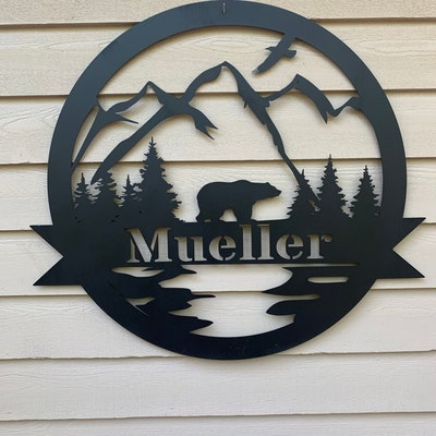 Bear Personalized Metal Sign, Bear in Woods Cabin Sign, Family Name ...