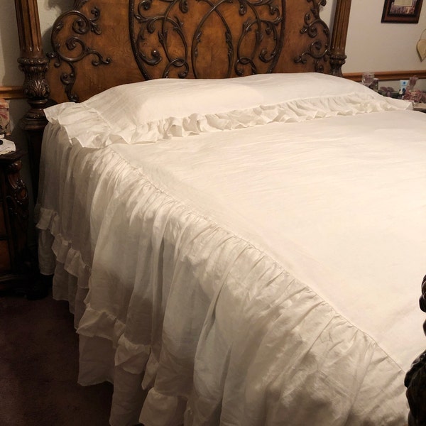 Double Ruffle Linen Bed Skirt Split Corners, Ruffled Panel Dust ...
