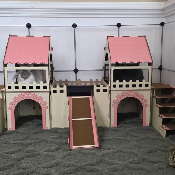 Elegant Bunny Castle With Twin Towers: Two-story White Pink Palace ...