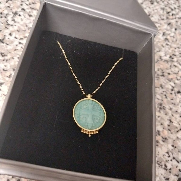 Intaglio Glass Ancient Greek Cross Necklace, Silver Glass Carved Cross ...