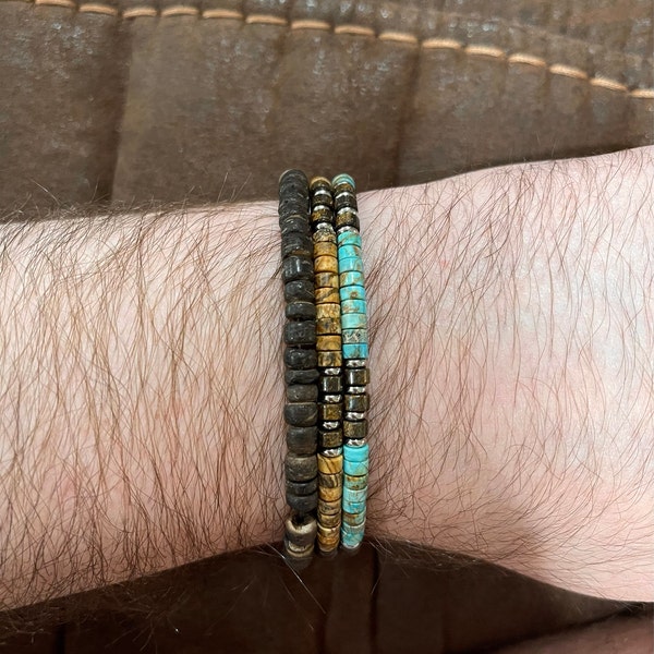 Picture Jasper and Brown Bronzite Heishi Bracelet, Minimalist, Men’s ...
